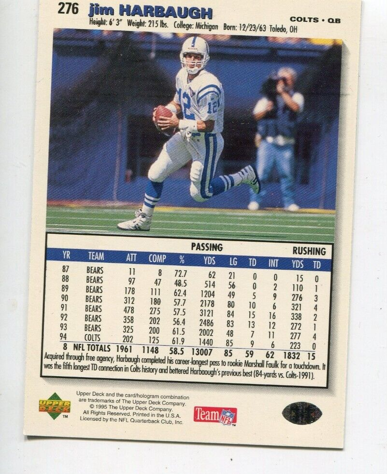 JIM HARBAUGH COLTS MICHIGAN WOLVERINES NFL 1995 UD CC SILVER FOOTBALL ...