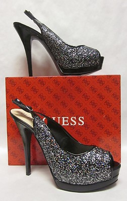 Guess Glenisa Black Sequined Multi Texture Platform Slingback - size 10 ...