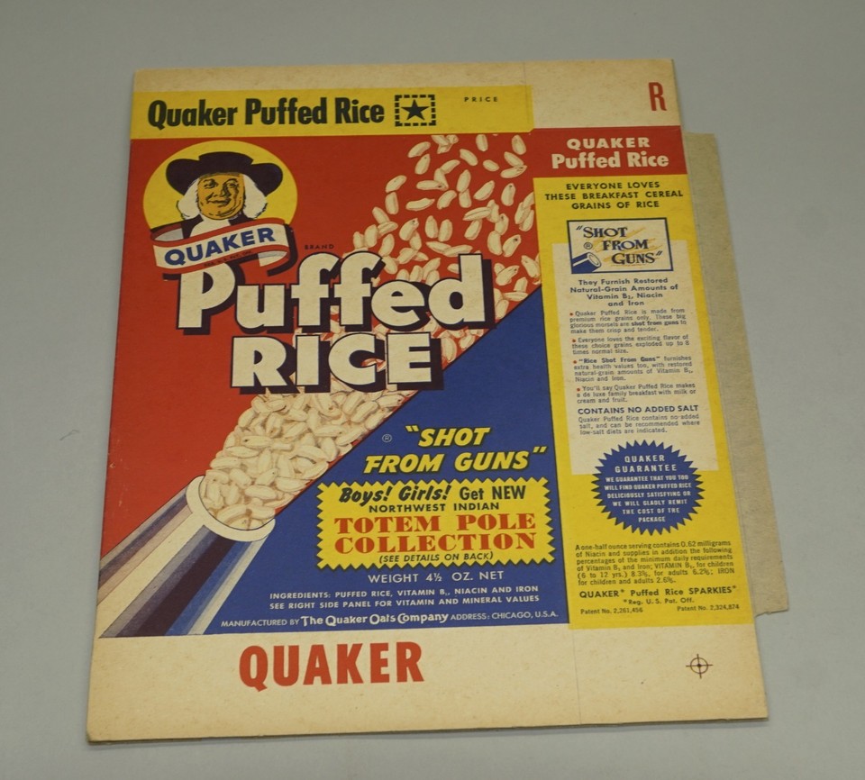 1950S QUAKER CEREAL BOX UNFOLDED UNUSED FILE COPY BOX INDIAN TOTEM POLE ...