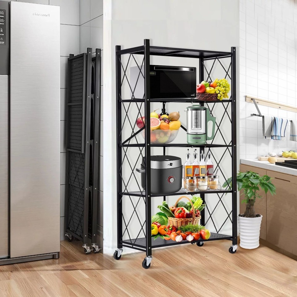 4/5Tier Heavy Duty Foldable Metal Rack Storage Shelving Unit w Wheel | eBay