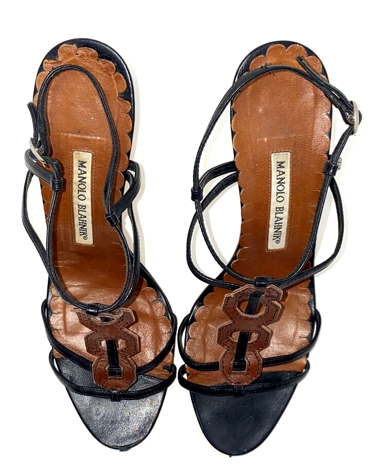 Monolo Blahnik Open Toe Strappy Heels Size 38 (US 8) Black Brown B*OS ...