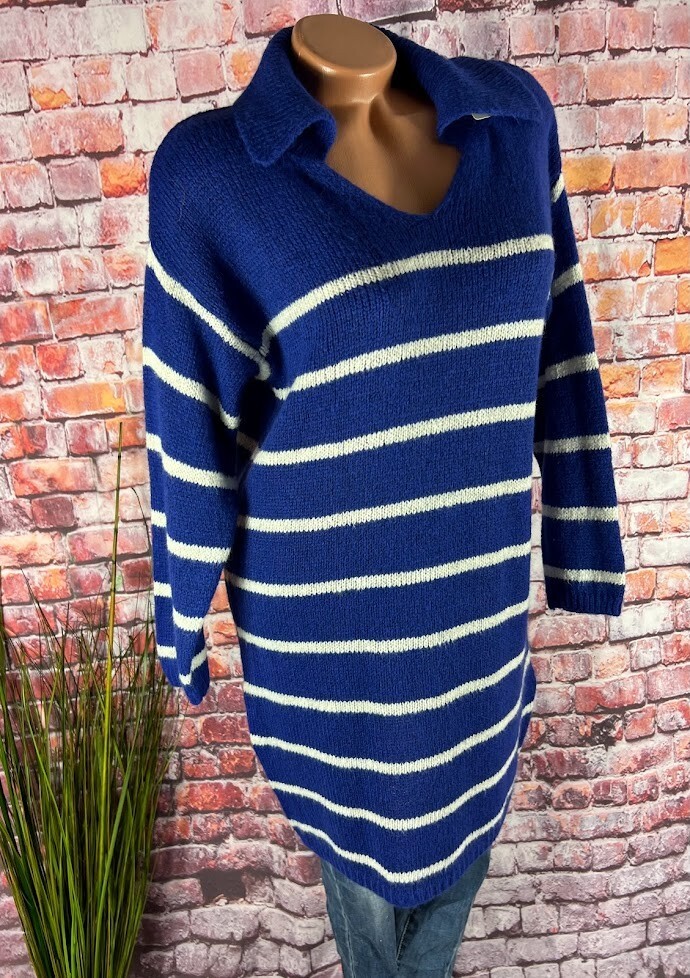 Long Pullover Strick KLEID Pullikleid Kragen Italy gestreift BLAU 36 38 ...