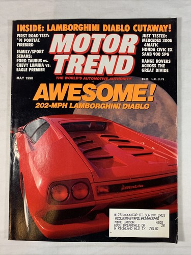 Motor Trend Magazine 202-MPH Lamborghini DiabloMay 1990 | eBay