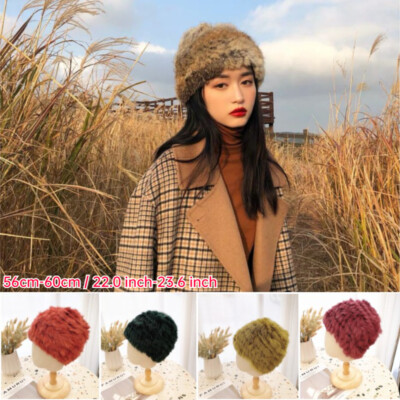 Lady Real Rabbit Fur Hat Russian Cossack Caps Beanie Knit Elastic ...