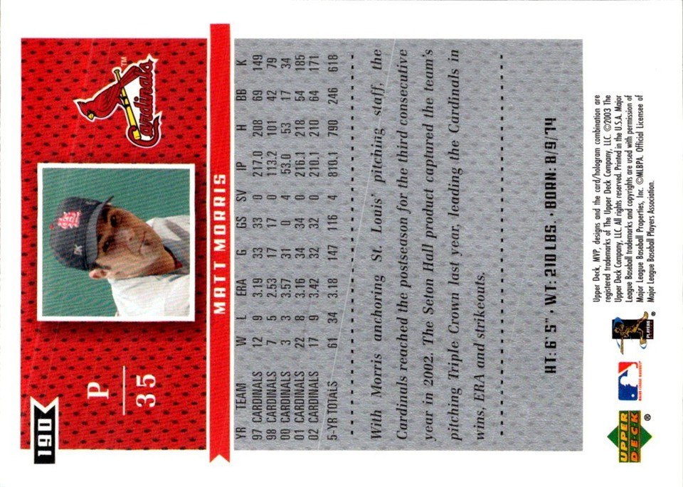 2003 Upper Deck MVP Matt Morris #190 St. Louis Cardinals Baseball Card ...