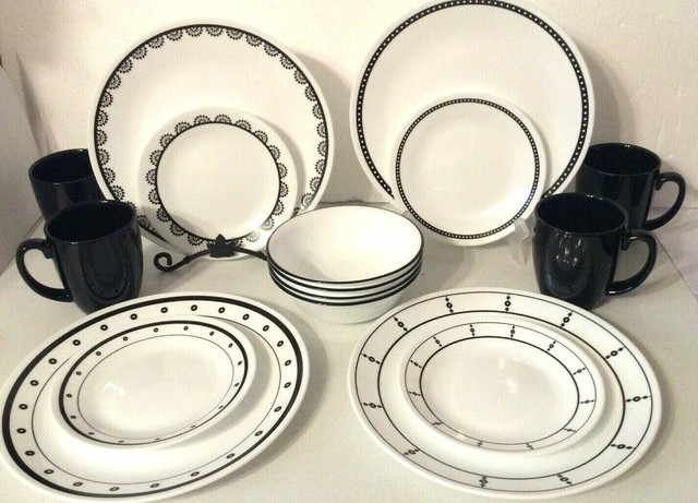 Corelle Livingware Black and White Dining Round Plate 16piece ...