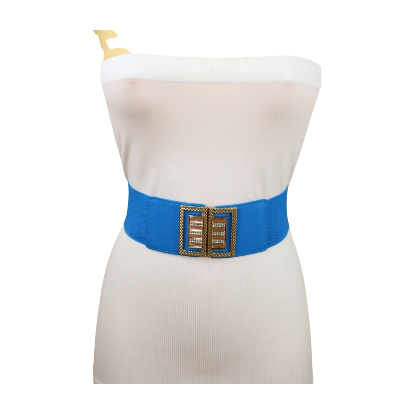 Women Blue Wide Elastic Waistband Fashion Belt Gold Bling Square Buckle ...