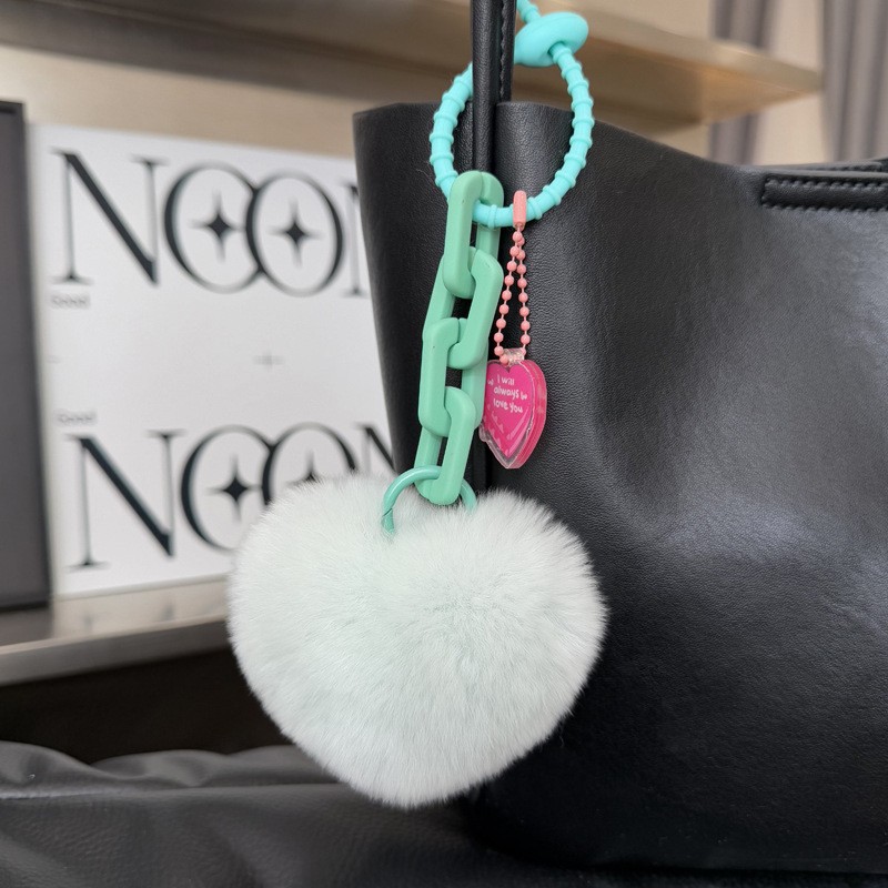 Rex Rabbit Fur Heart-Shaped Chain Keychain, Schoolbag Pendant, Car Key ...