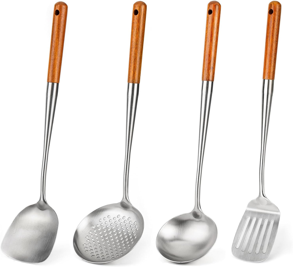 Wok Spatula and Ladle,Skimmer Ladle Tool Set, 17Inches Spatula for Wok ...