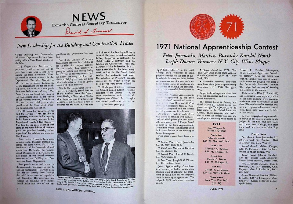 Sheet Metal Workers Journal June 1971 Apprenticeship Contest SMACNA ...