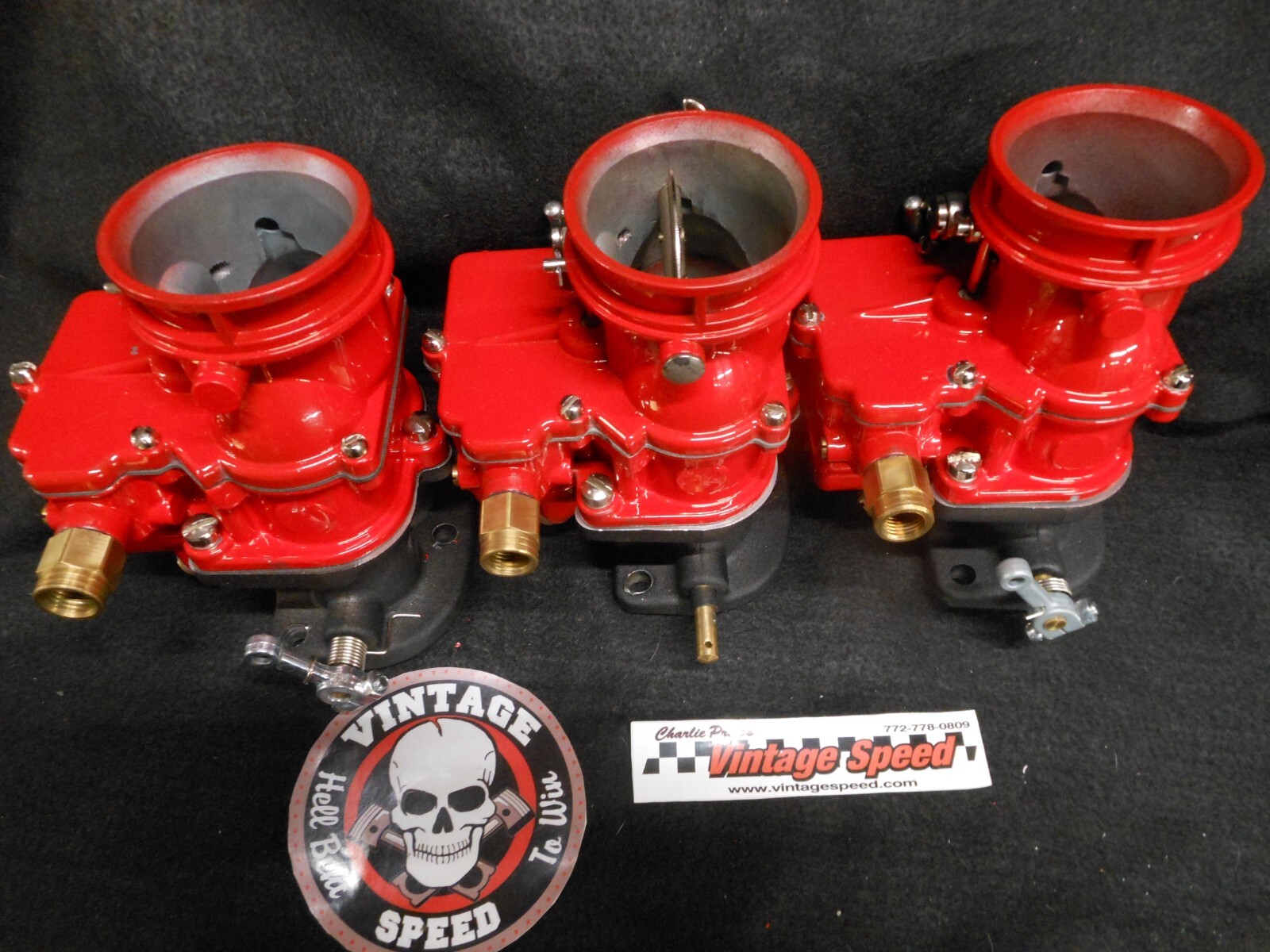 VINTAGE SPEED STROMBERG 97 STYLE TRIPLE SET (RED) HOT ROD FLATHEAD TRI ...