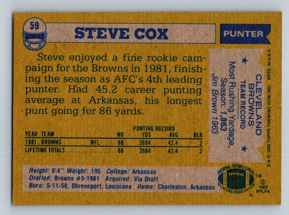 1982 Topps #59 Steve Cox RC Rookie Cleveland Browns | eBay