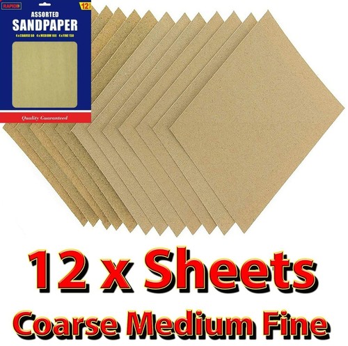 12Pcs ASSORTED SANDPAPER SANDING SHEETS FOR WOOD PLASTIC MIXED GRADES ...