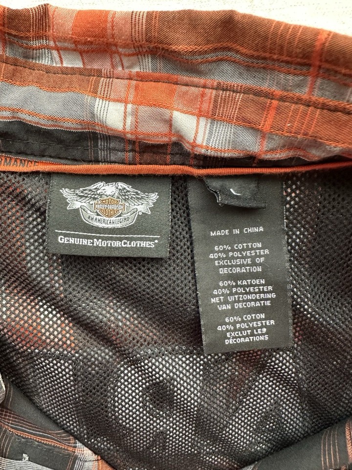 Harley Davidson Motor Cycles Black and Orange Plaid Button Up Size L | eBay