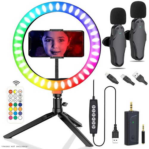 Vivitar10" RGB LED Ring Light and Dual Wireless Lavelier Mic YouTuber's ...