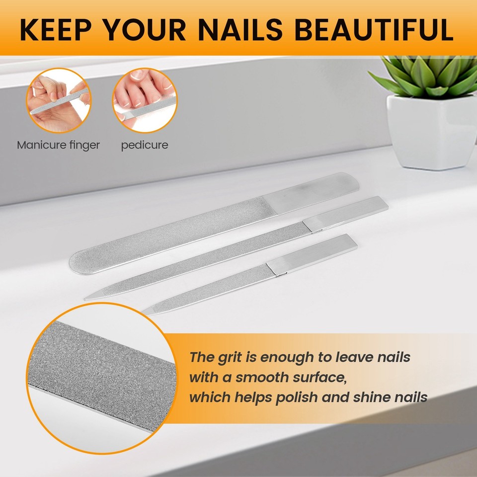 2X(3-Piece Nail File Set Stainless Steel -Sided Nail File Buffer File ...