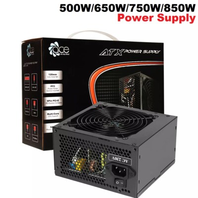 ACE Black PSU 500W/650W/750W/850W Power Supply Desktop PC ATX 120mm Fan ...