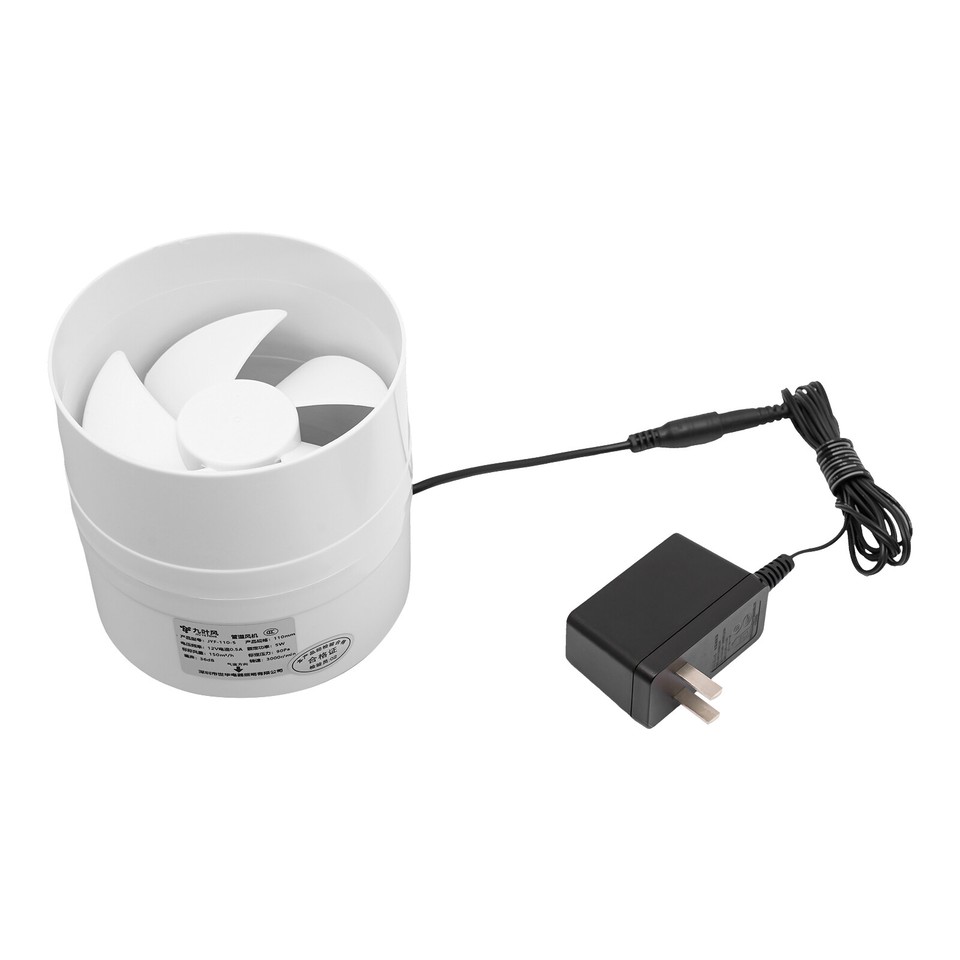 12V Pipe Exhaust Fan 110mm Air Duct Fan & Adapter Speed: 3000rpm White ...