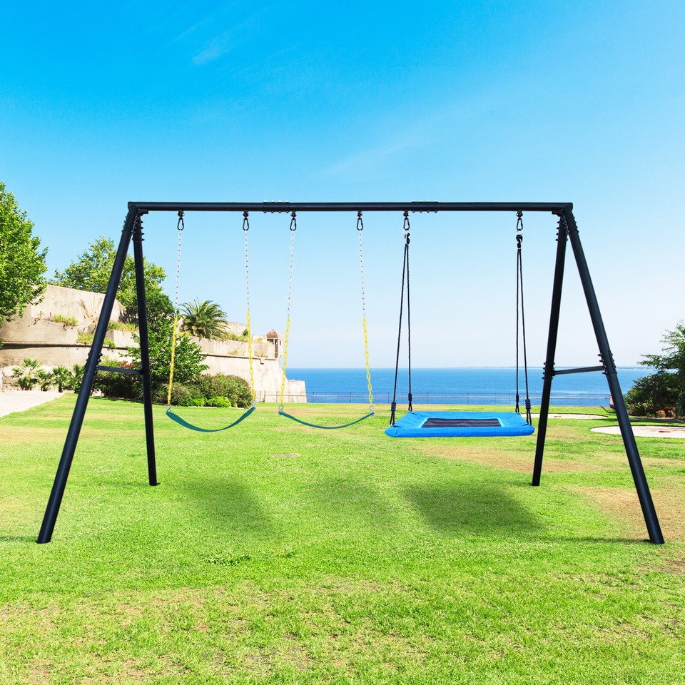 600lb Heavy Duty Swing Set with 3 Swings Metal Frame Kids Adult ...