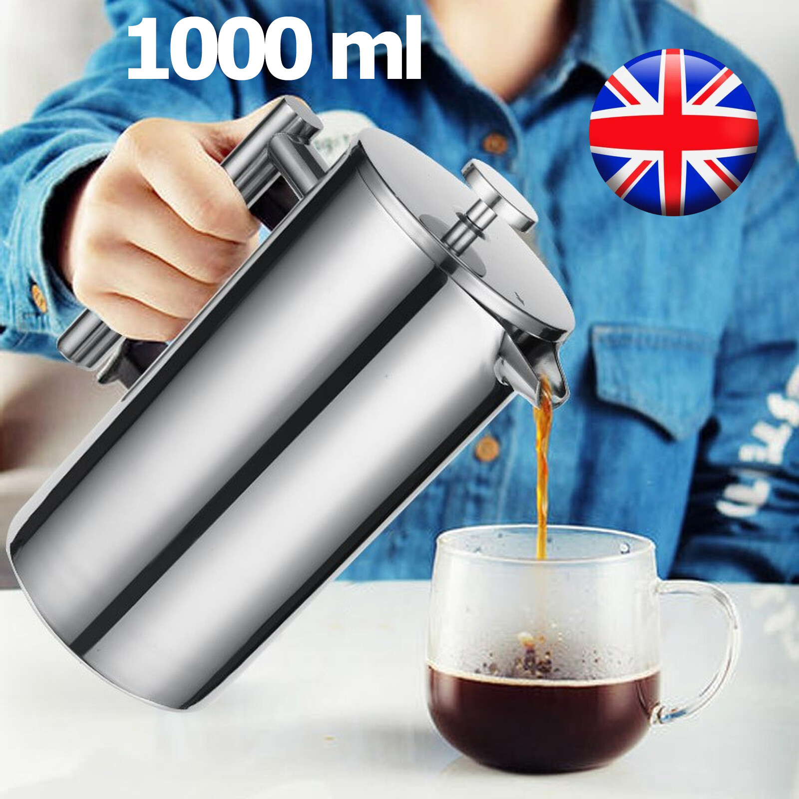 1000ML French Press Stainless Steel Coffee Tea Filter Maker Plunger ...