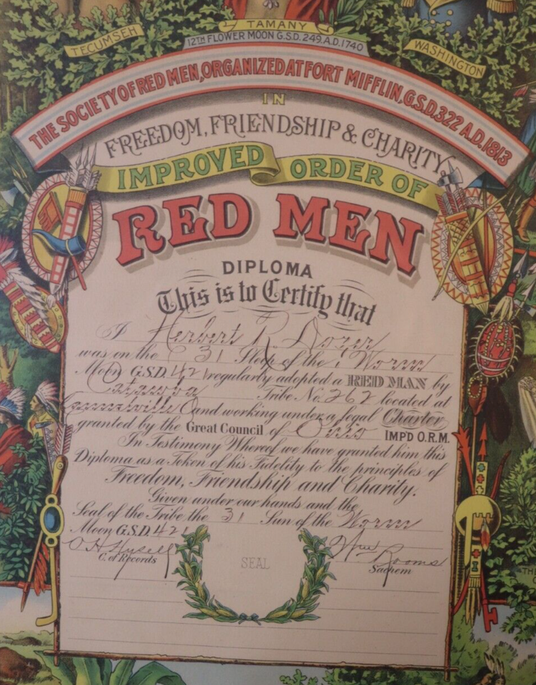 Antique Improved Order Red Men of the World 1912 Lithograph Diploma ...