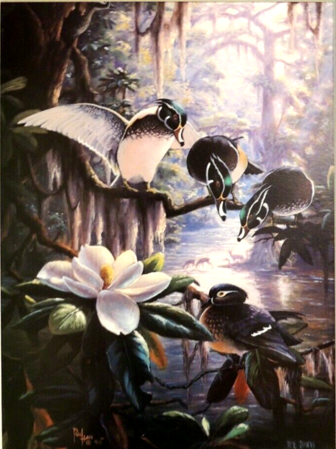 WOOD DUCK PICTURE MAGNOLIA FLOWER DEER RICK HALL & RC DAVIS MATTED ...
