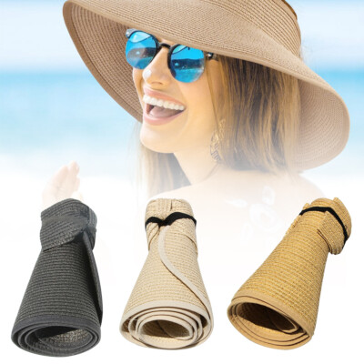 Roll Up Sun Visor Wide Brim Straw Hat Summer Foldable UV Protection Cap ...