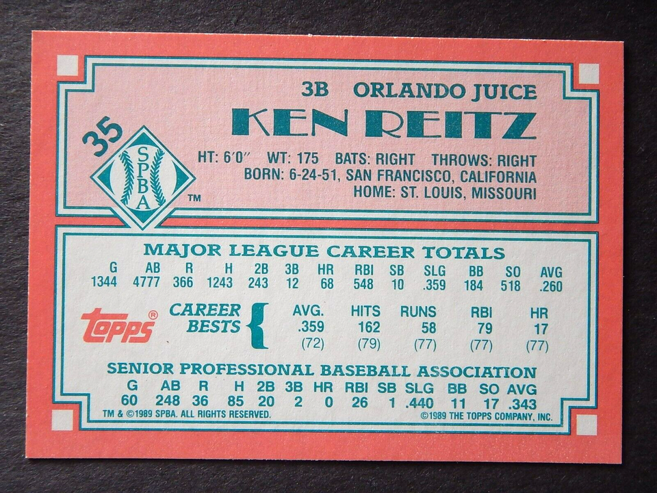 Ken Reitz #35 Topps Senior League 1989 Baseball Card (Orlando Juice) VG ...