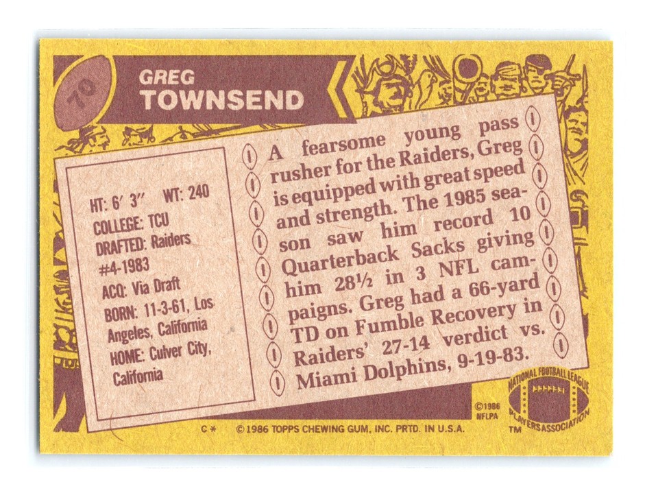 1986 Topps Football #70 Greg Townsend RC Rookie Los Angeles Raiders | eBay