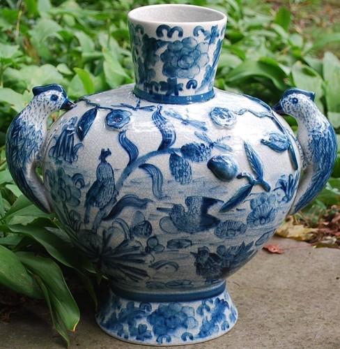 Vtg. 16" Double Bird Handled CHINESE VASE Antiqued Blue Porcelain HAND ...