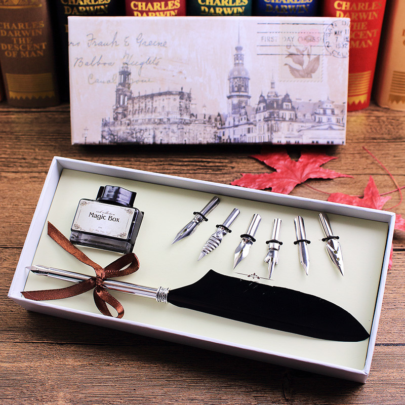 Quill Pen Set with Black Feather Antique Luxury Quill Pen with Ink Jar ...