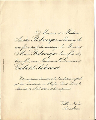 Arcachon 1926. Faire-part Mariage Balaresque-Guillot de Suduiraut. | eBay
