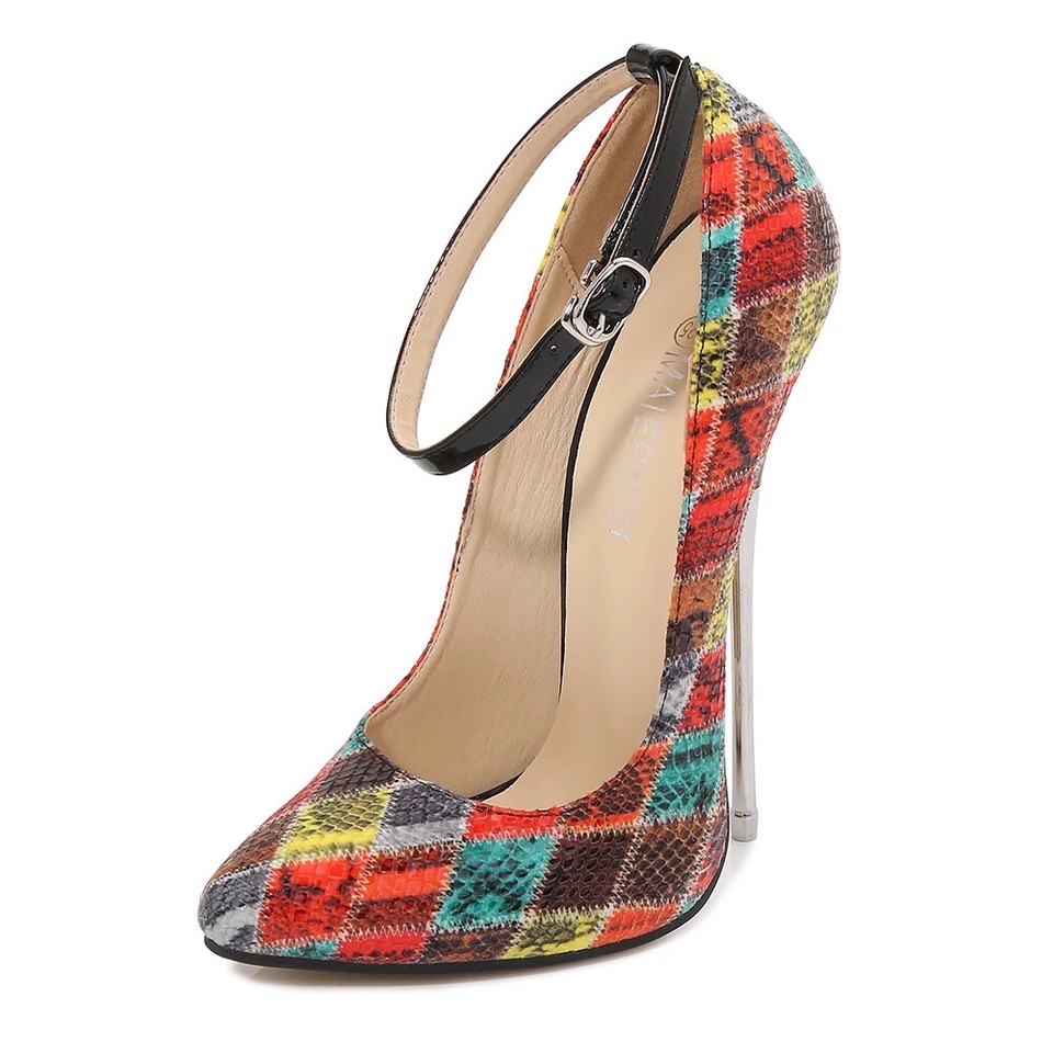 Women 16cm Thin Heel Pumps Ankle Strap Patent Leather Stilettos High ...