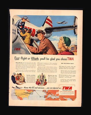 1950 TWA Trans World Airline Post World War II Vintage Magazine Print ...