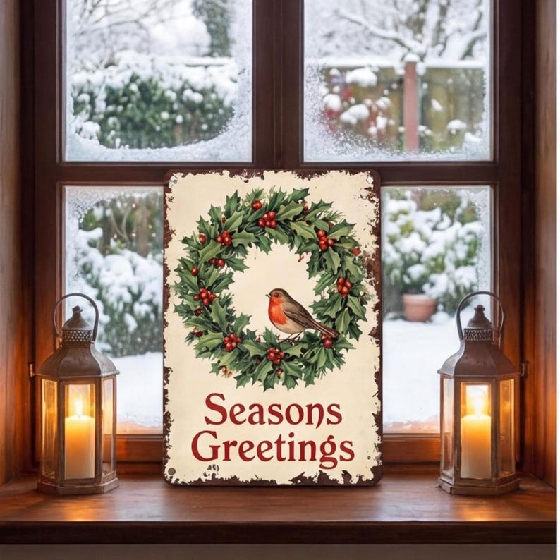 Vintage Seasons Greetings Robin and Holly Tin Metal Signs Home Décor ...