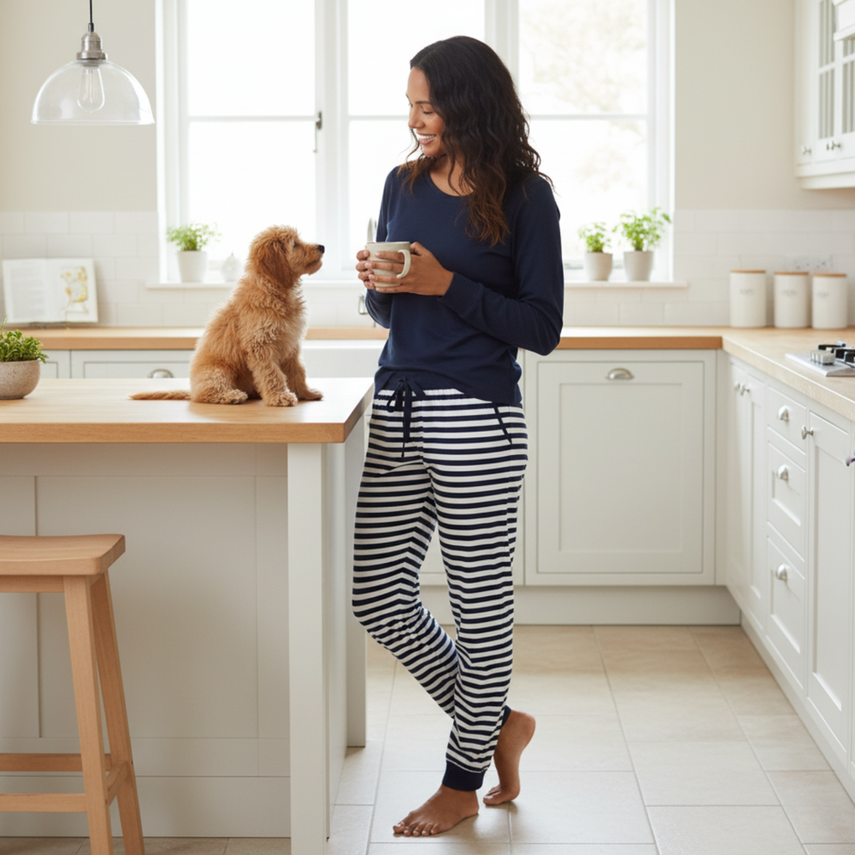 Ladies pyjamas long sleeve cuffed bottoms WITH POCKETS cotton rich ...