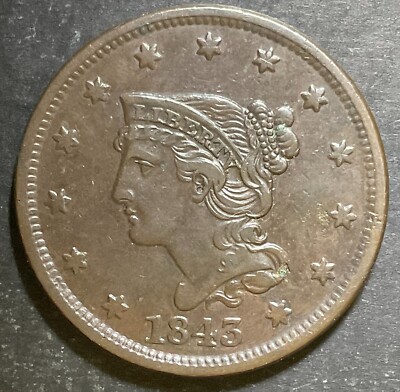 1843 Braided Hair Large Cent RPD rare old colonial coin great ...