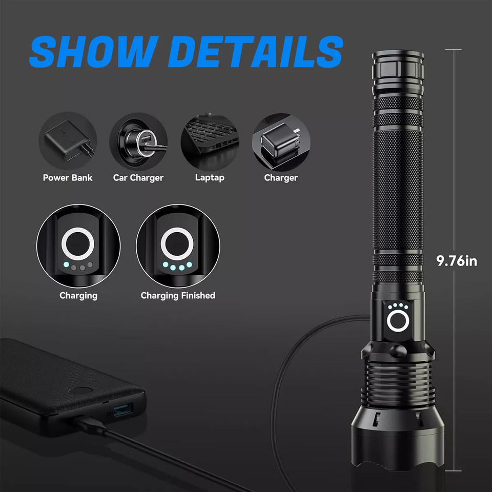 2500000LM Rechargeable XHP90.2 LED Flashlight Tactical Super Bright ...