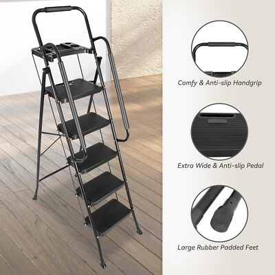 5 Step 330 lbs Non-Slip Stool Ladder with Handrails folding Tool Tray ...