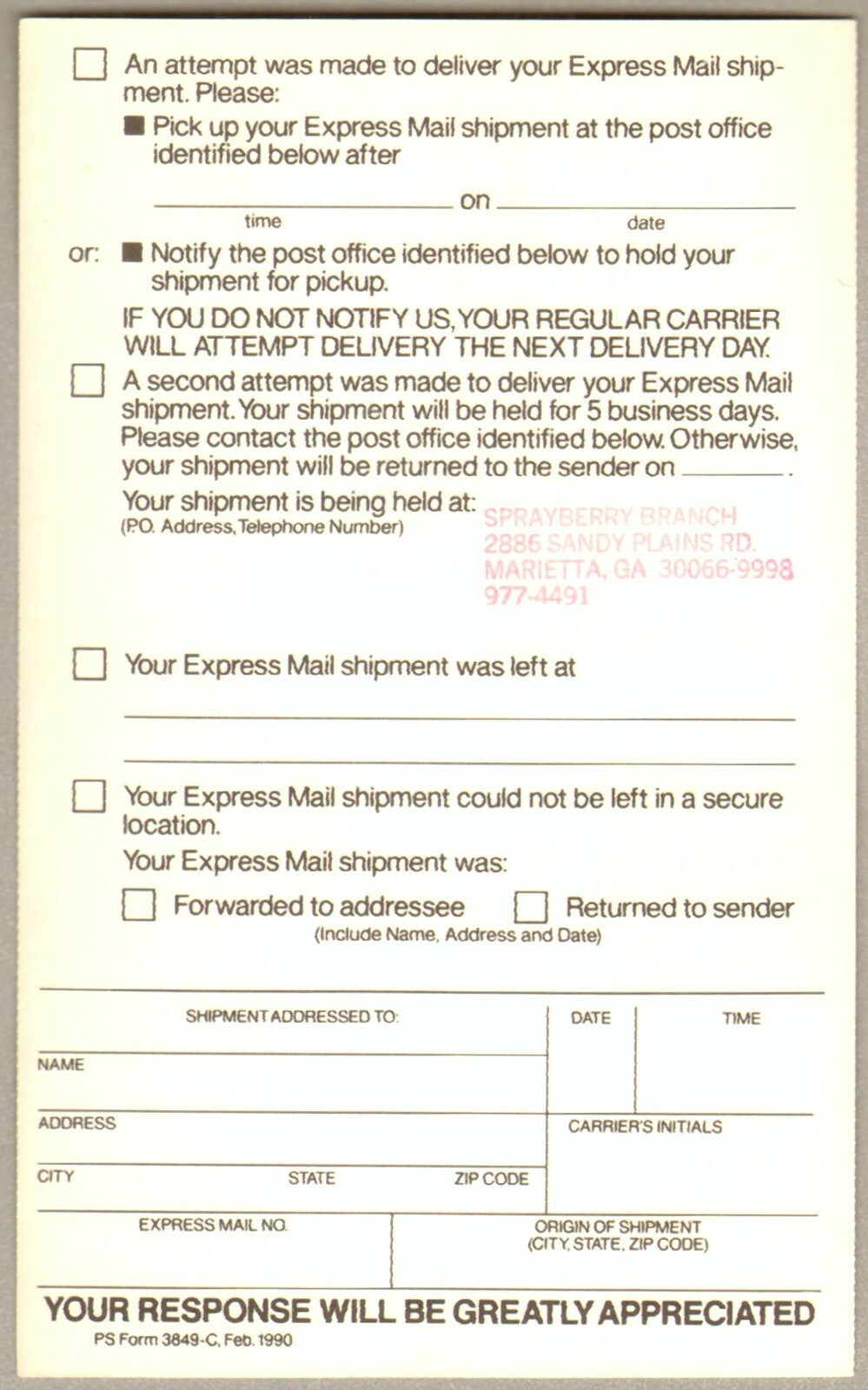 Obsolete USPS Express Mail 1990 Form 3829-C Sprayberry Branch Marietta ...