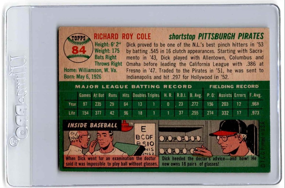 1954 Topps Dick Cole RC Pittsburgh Pirates #84 | eBay