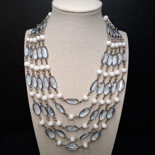 Vintage White Glass & Ligh Blue Bezel Faset Glass Leyered Necklace. 15. ...