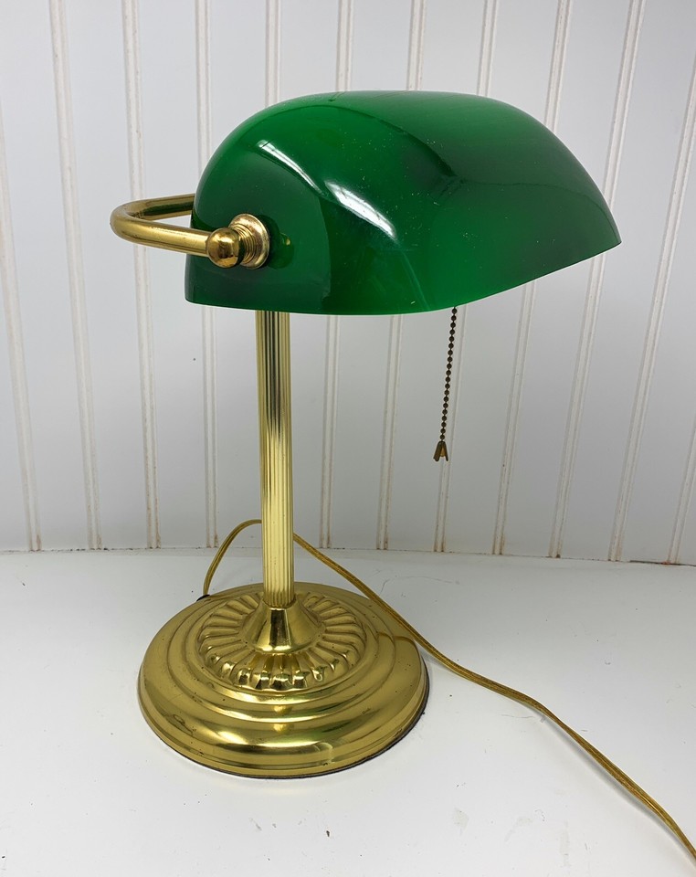 Vintage Brass Bankers Desk Lamp Green Glass Pull Chain | eBay
