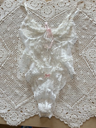 VTG 80s E. Bole White Lace High Cut Lingerie Teddy Sheer Lace Pink Bow ...