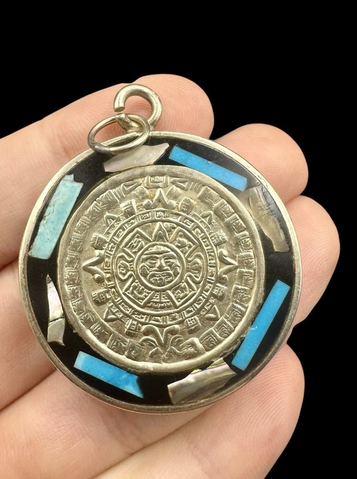 Sterling Aztec Calendar Sun Double Sided Amulet Pendant Inlay Turquoise ...