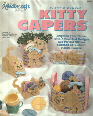 USED KITTY CAPERS 5 CAT DESIGNS COASTERS BASKET PLASTIC CANVAS PATTERN ...