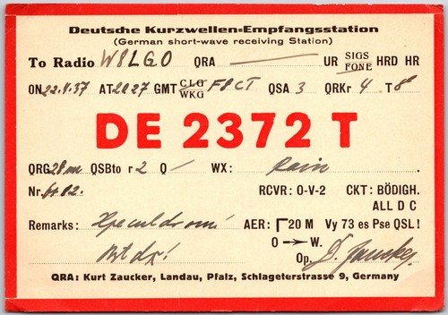 1937 QSL Radio Card DE2372T Deutsche German Amateur Radio Station ...
