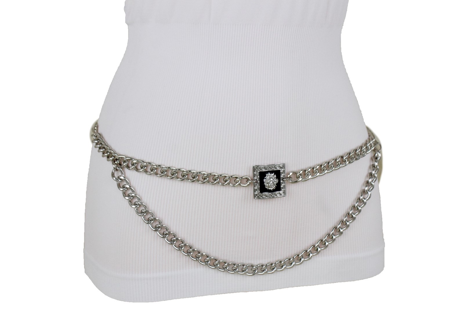 Women Fashion Belt Hip Waist Silver Metal Chain Links Lion Charm Buckle ...