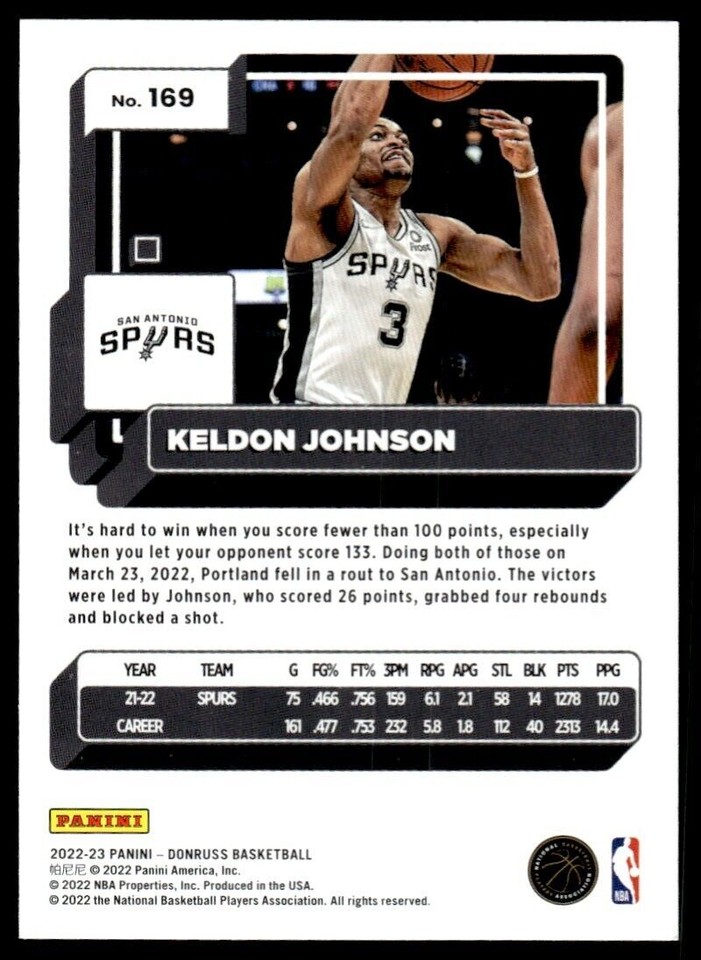 2022-23 Donruss Basketball Card Keldon Johnson A San Antonio Spurs #169 ...