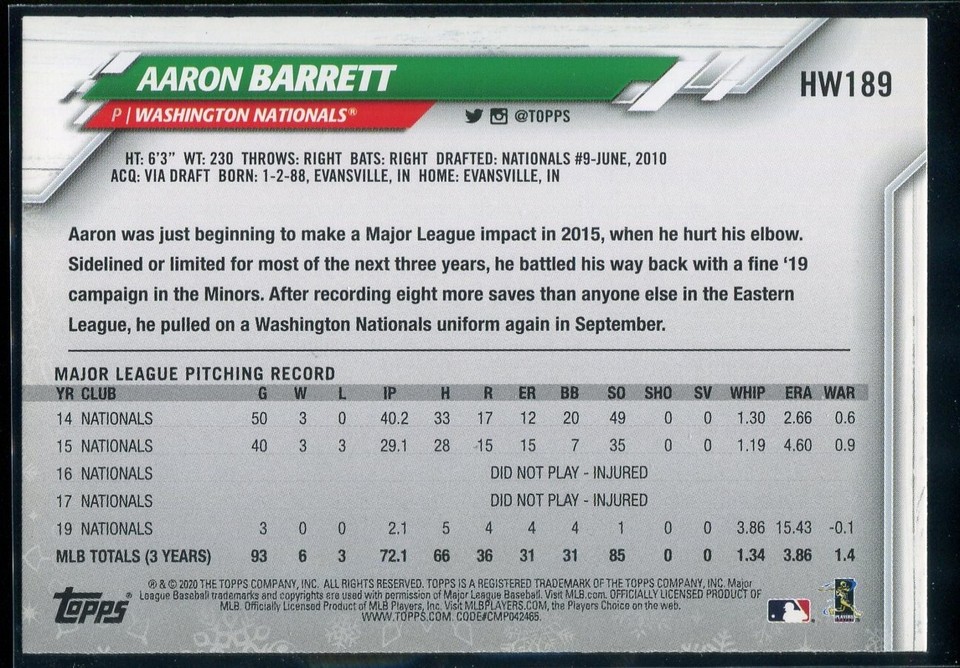2020 Topps Holiday Baseball Aaron Barrett #HW189 Washington Nationals ...